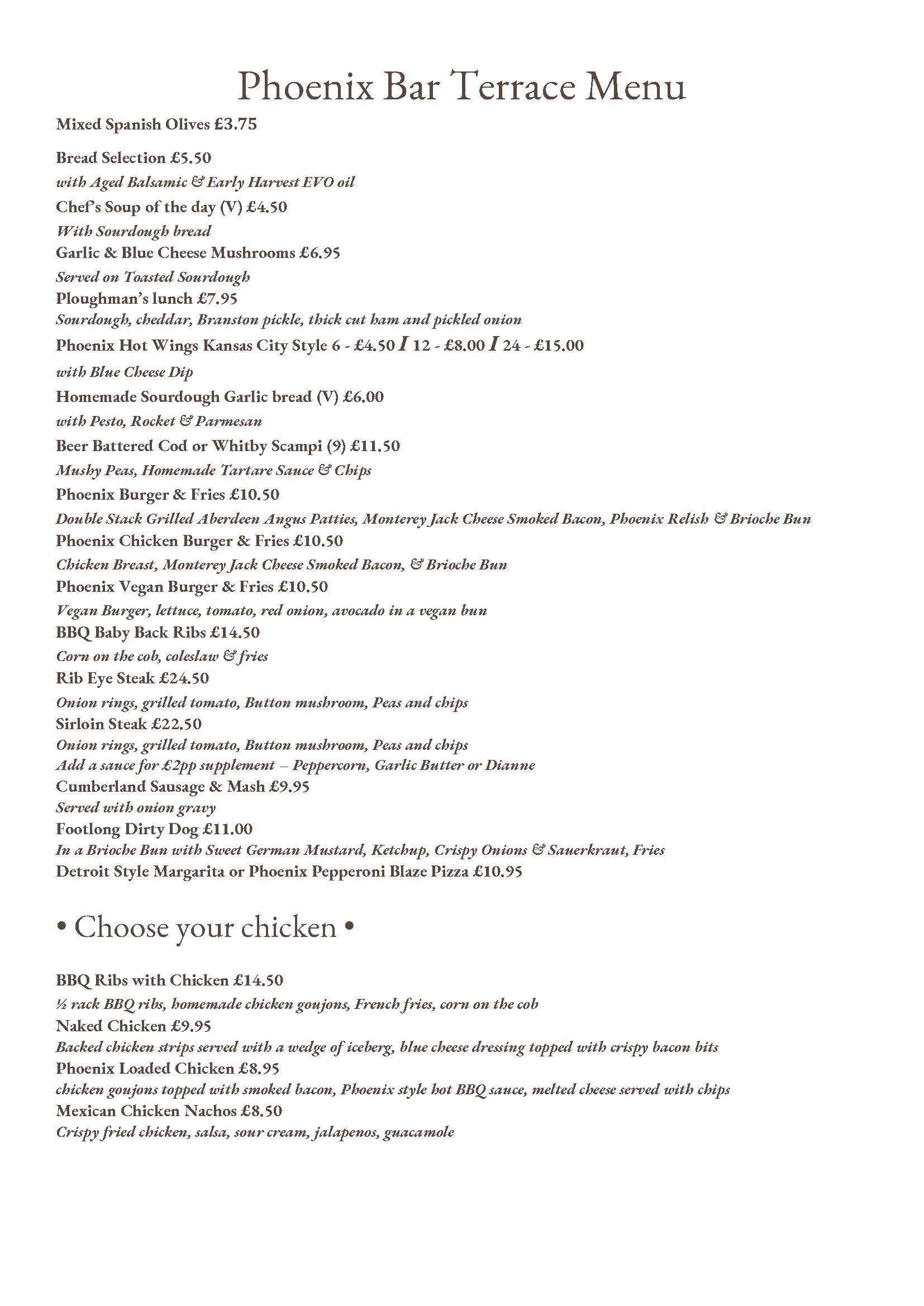 Terrace Bar Menu - Phoenix Bar